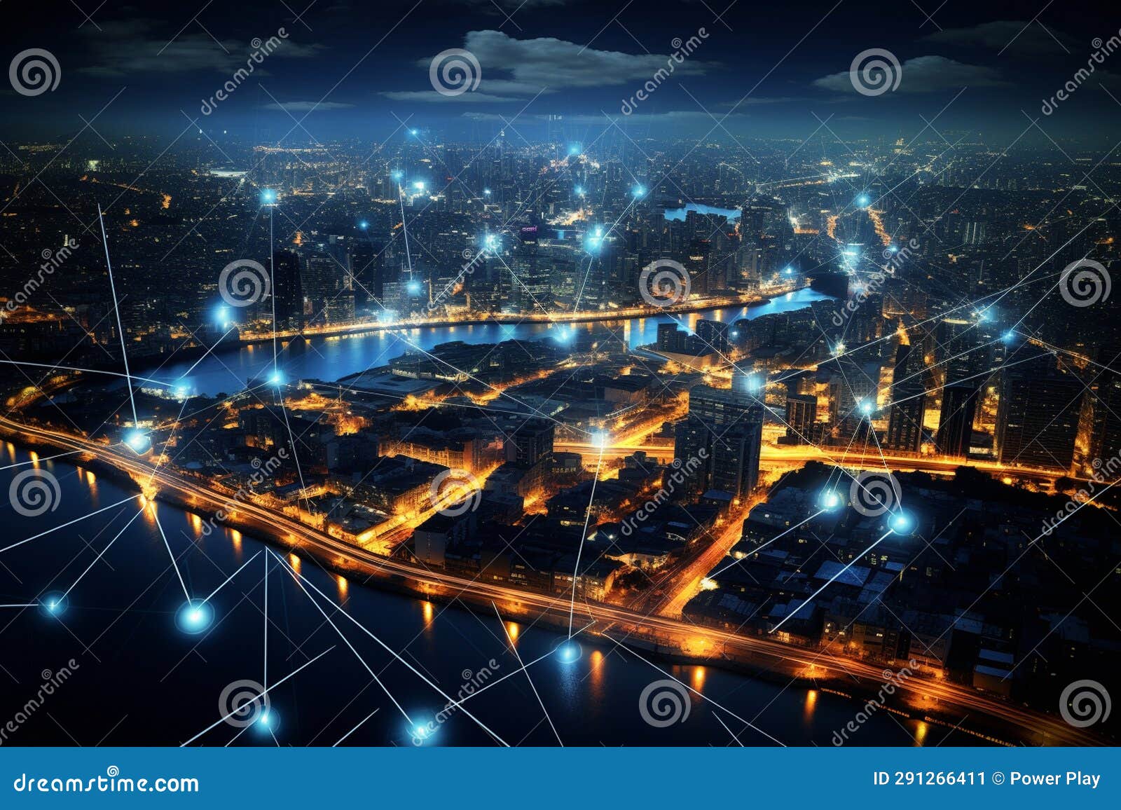 Aerial View of Buildings City at Night with Internet Network Connection ...