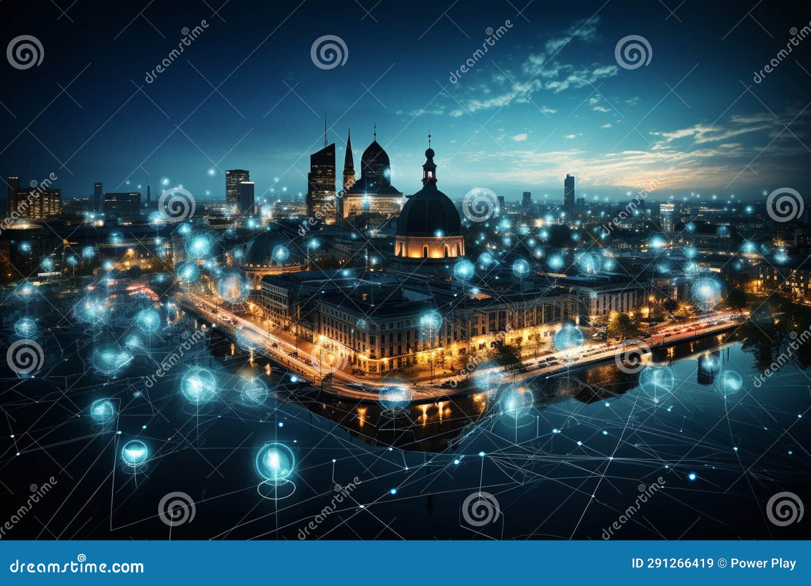 Aerial View of Buildings City at Night with Internet Network Connection ...