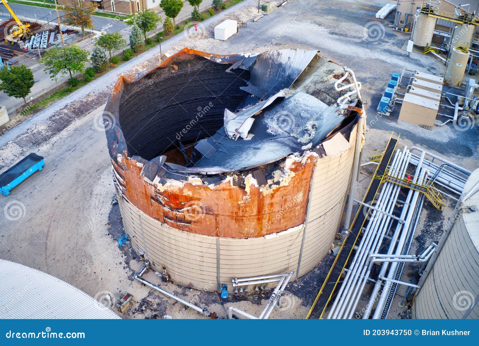 Aerial View of Burned Out Refinery Storage Tank Stock Photo - Image of ...