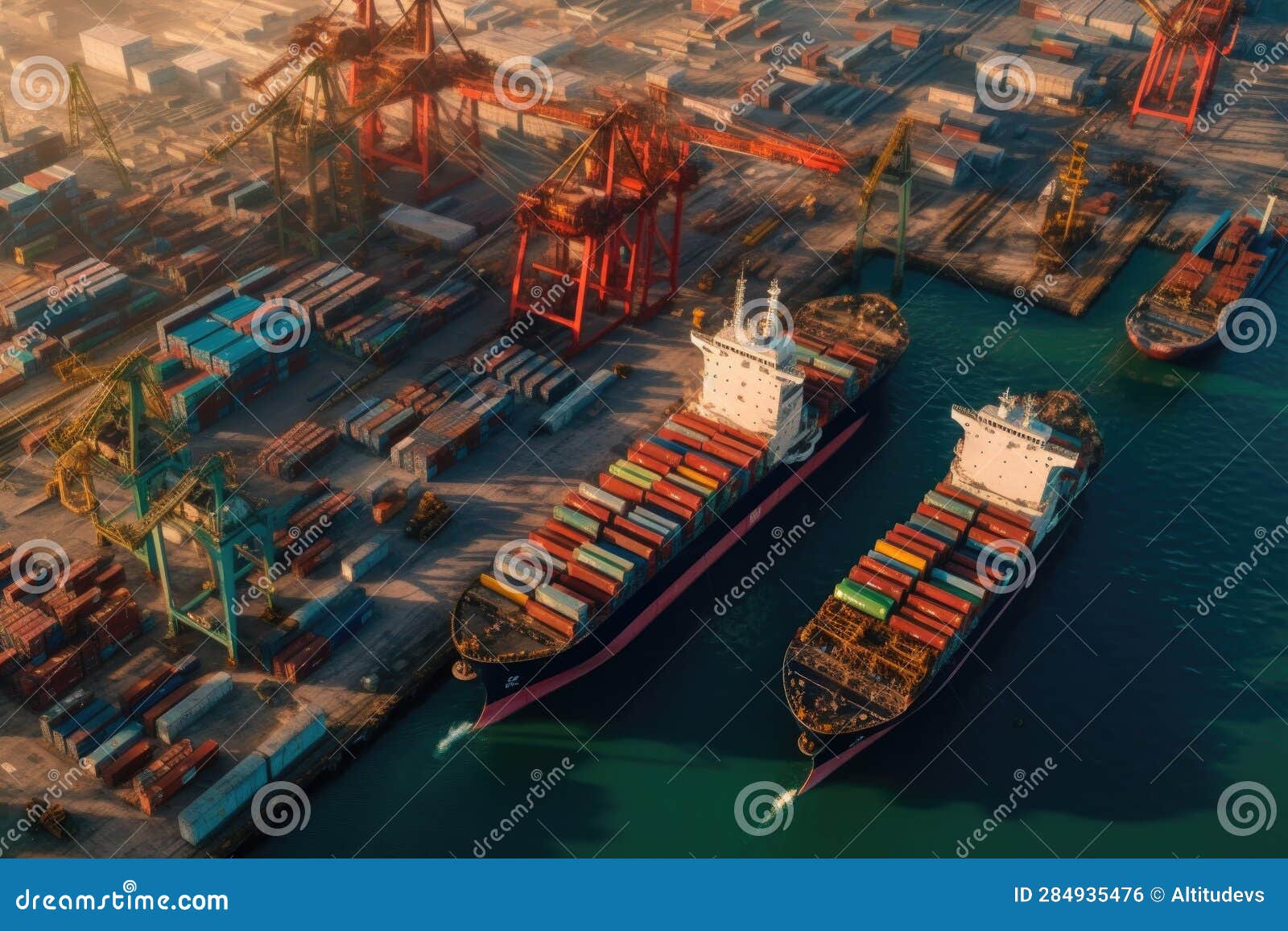 Aerial View of a Busy Cargo Ship Port Stock Illustration - Illustration of generative, cargo ...