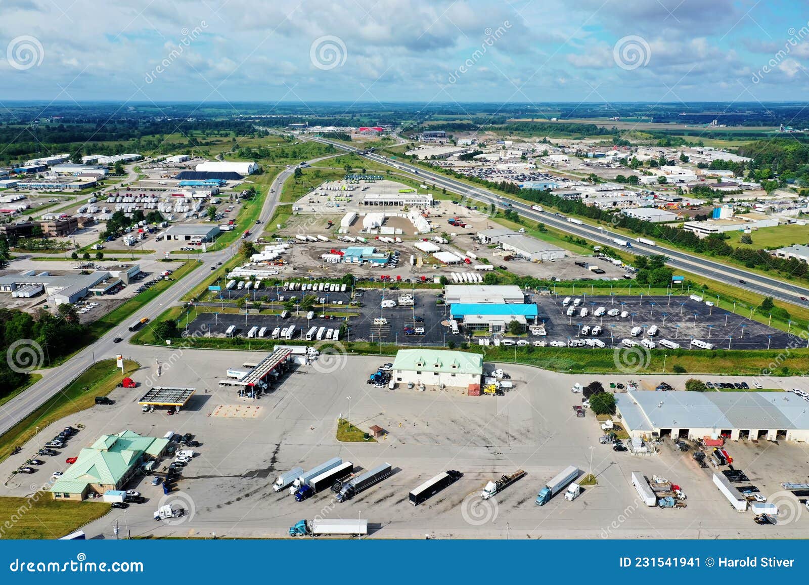 Aerial View of Busy Expressway by Truck Stop Stock Image - Image of ...