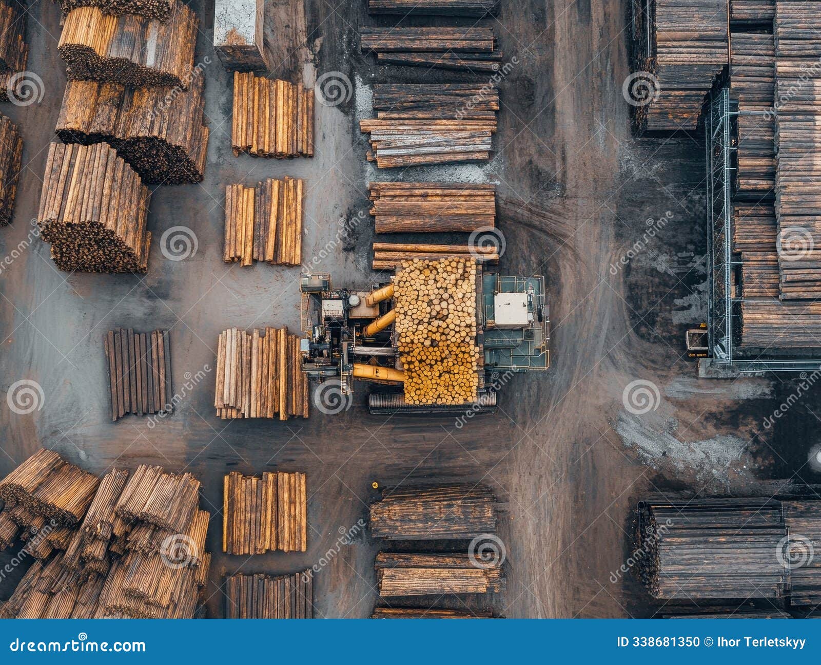 Aerial View of a Busy Lumber Yard with Stacks of Timber and a Loading ...