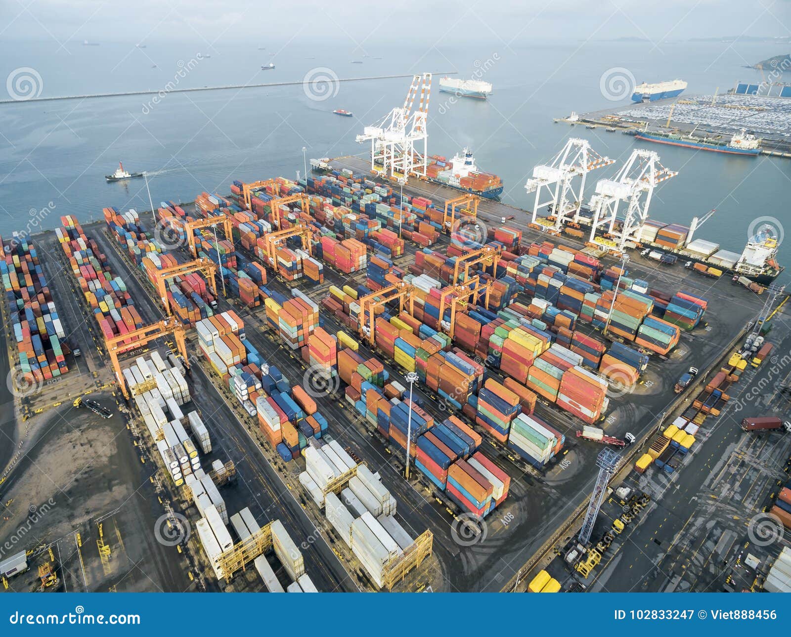 Aerial View of Cargo Ship, Cargo Container in Warehouse Harbor a Stock ...