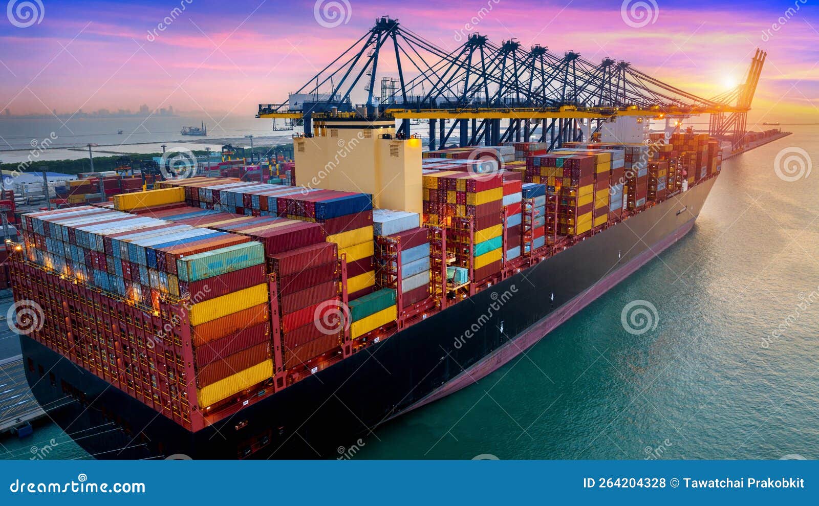 Aerial View of Cargo Ship and Cargo Container in Harbor Stock Photo ...