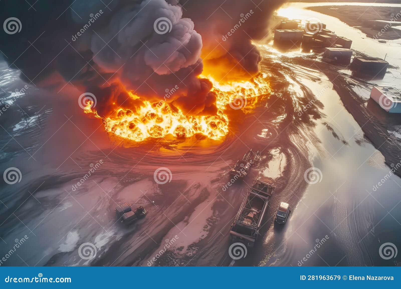 Aerial View of Cargo Ship Explosion with Fire and Smoke. Generative AI ...