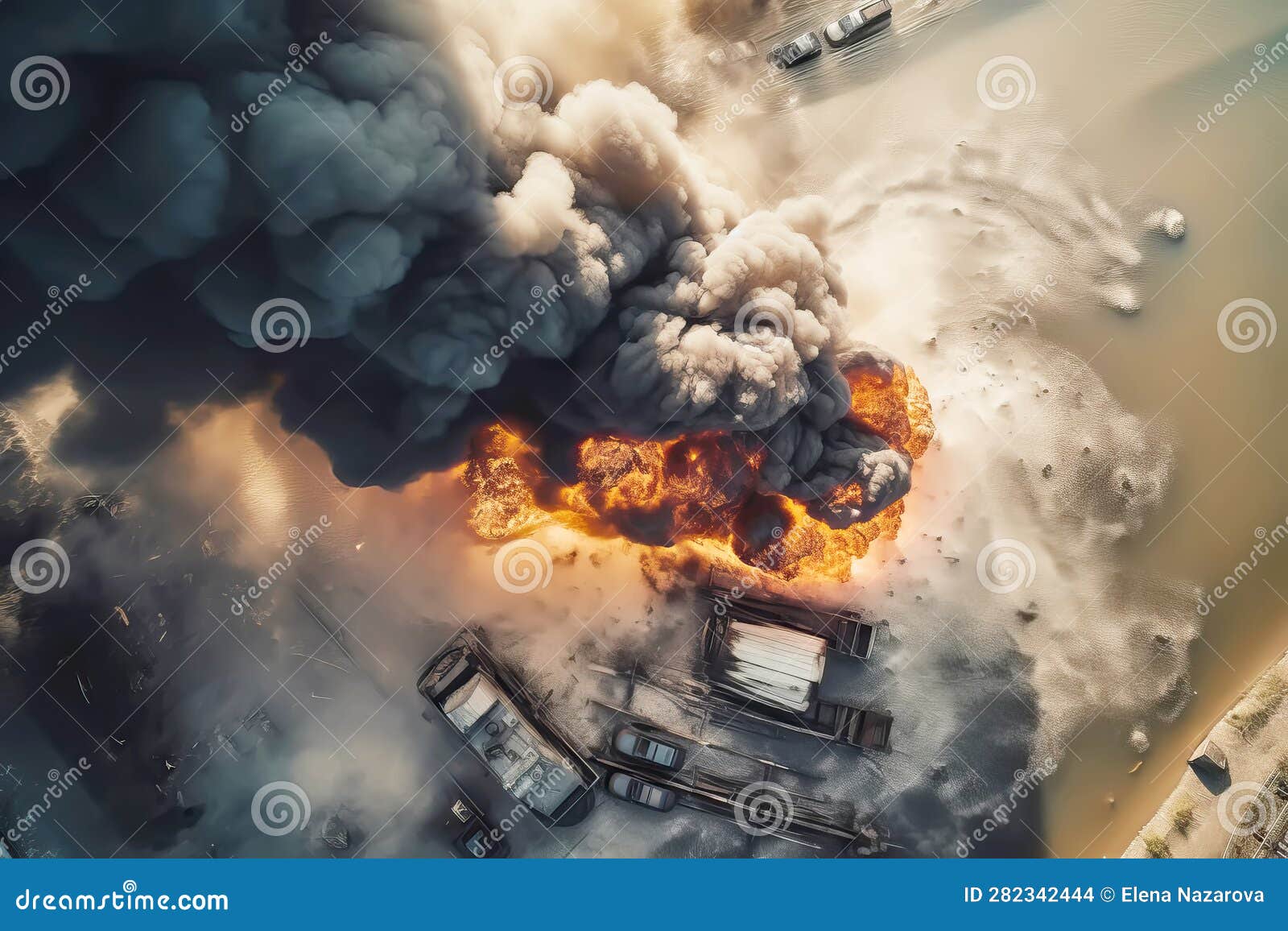 Aerial View of Cargo Ship Explosion with Fire and Smoke. Generative AI ...