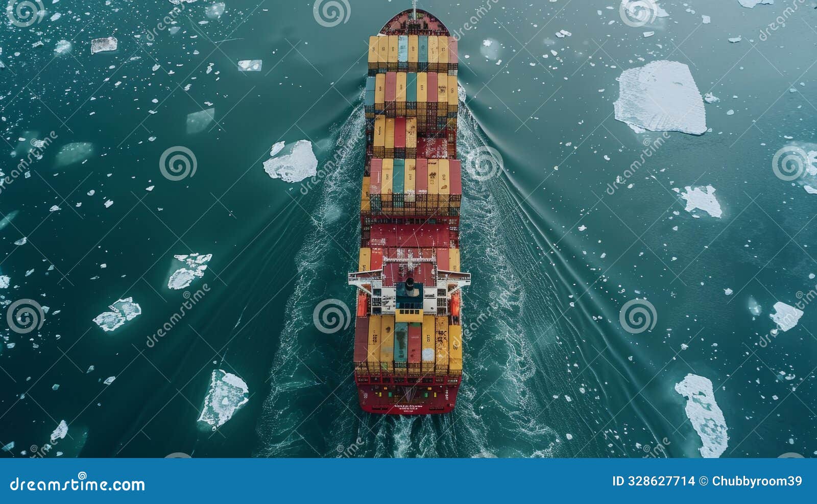 Aerial View of Cargo Ship Navigating Icy Waters with Containers Stacked ...