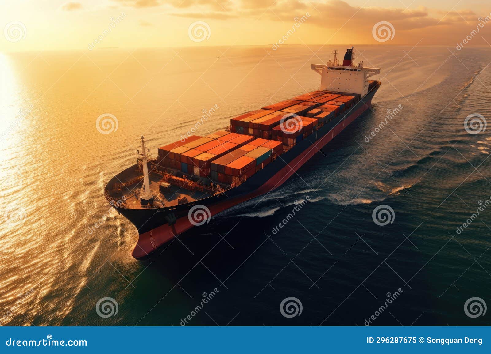 Aerial View of Cargo Ship in Sea with Cargo Container Box at Sunrise ...