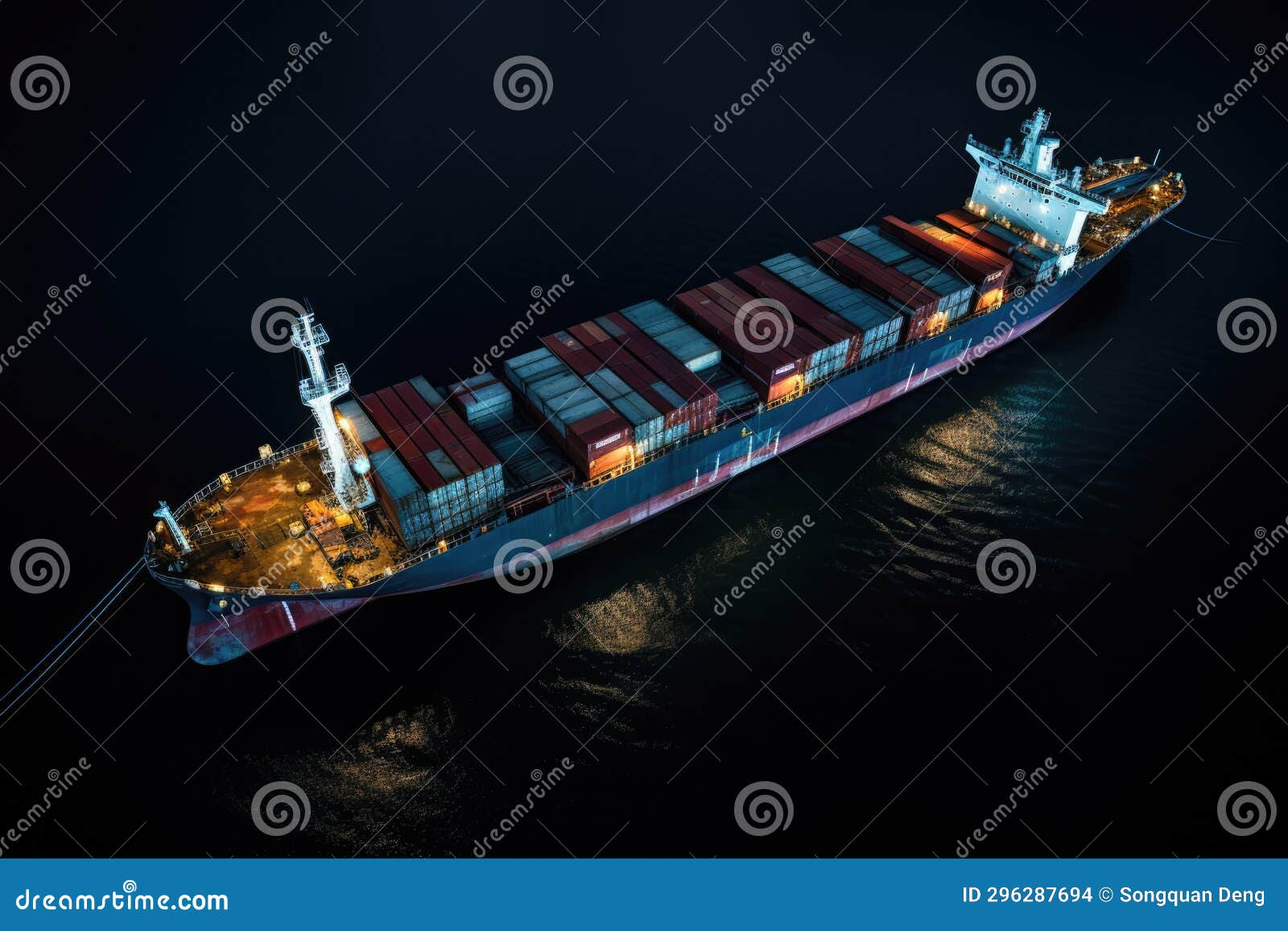 Aerial View of Cargo Ship in Sea at Night with Cargo Container Box ...