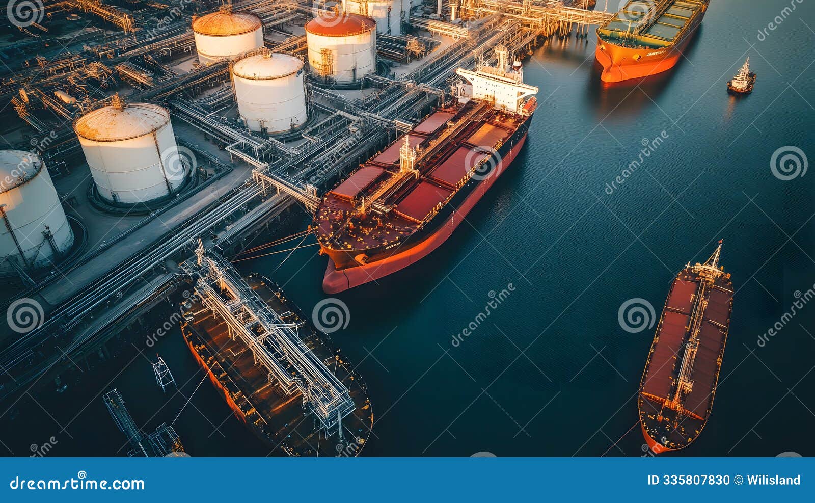 Aerial View of Cargo Ships Docked at an Industrial Refinery Complex ...
