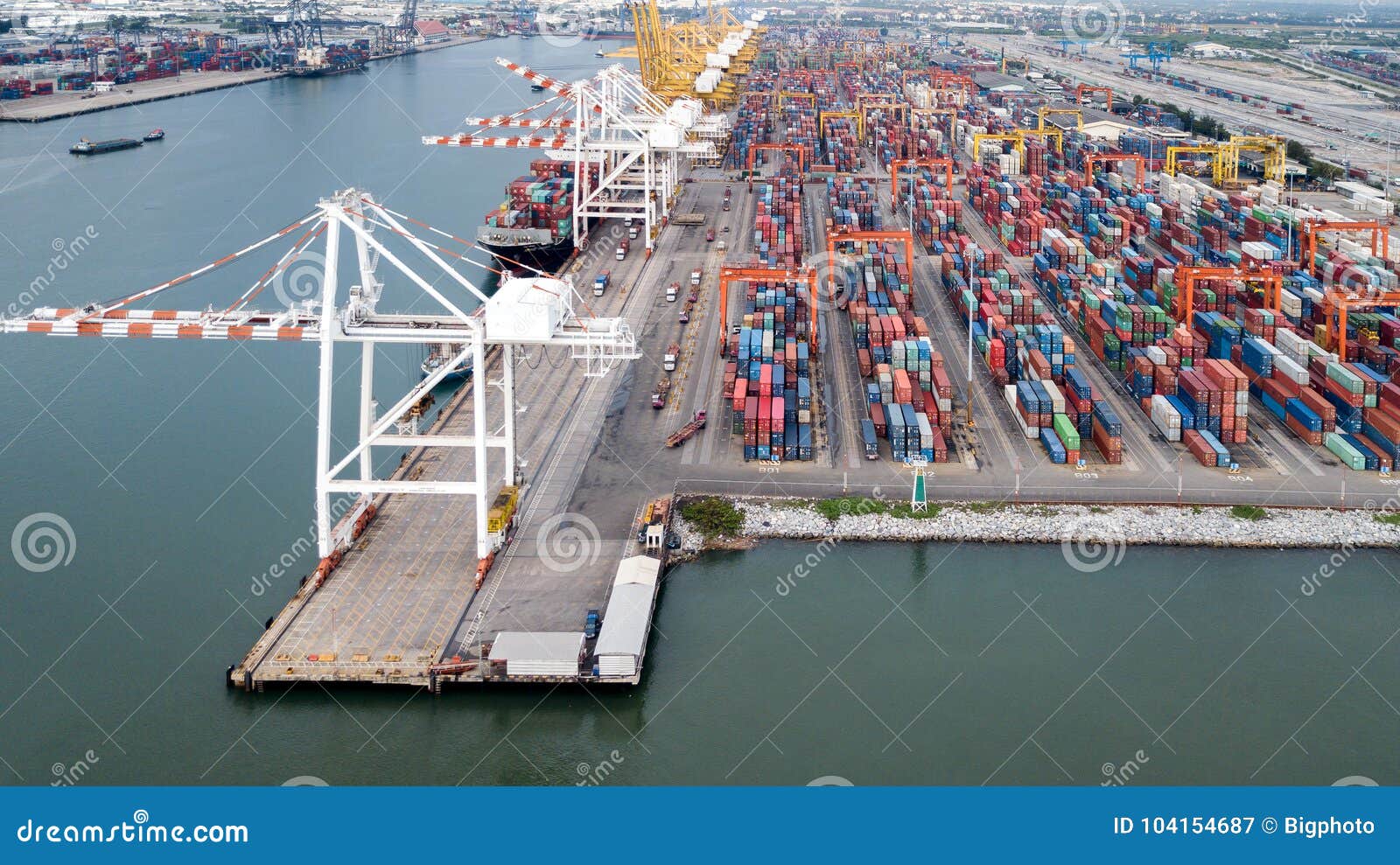 Aerial View of Cargo Ships Loading Containers at Seaport Stock Image ...