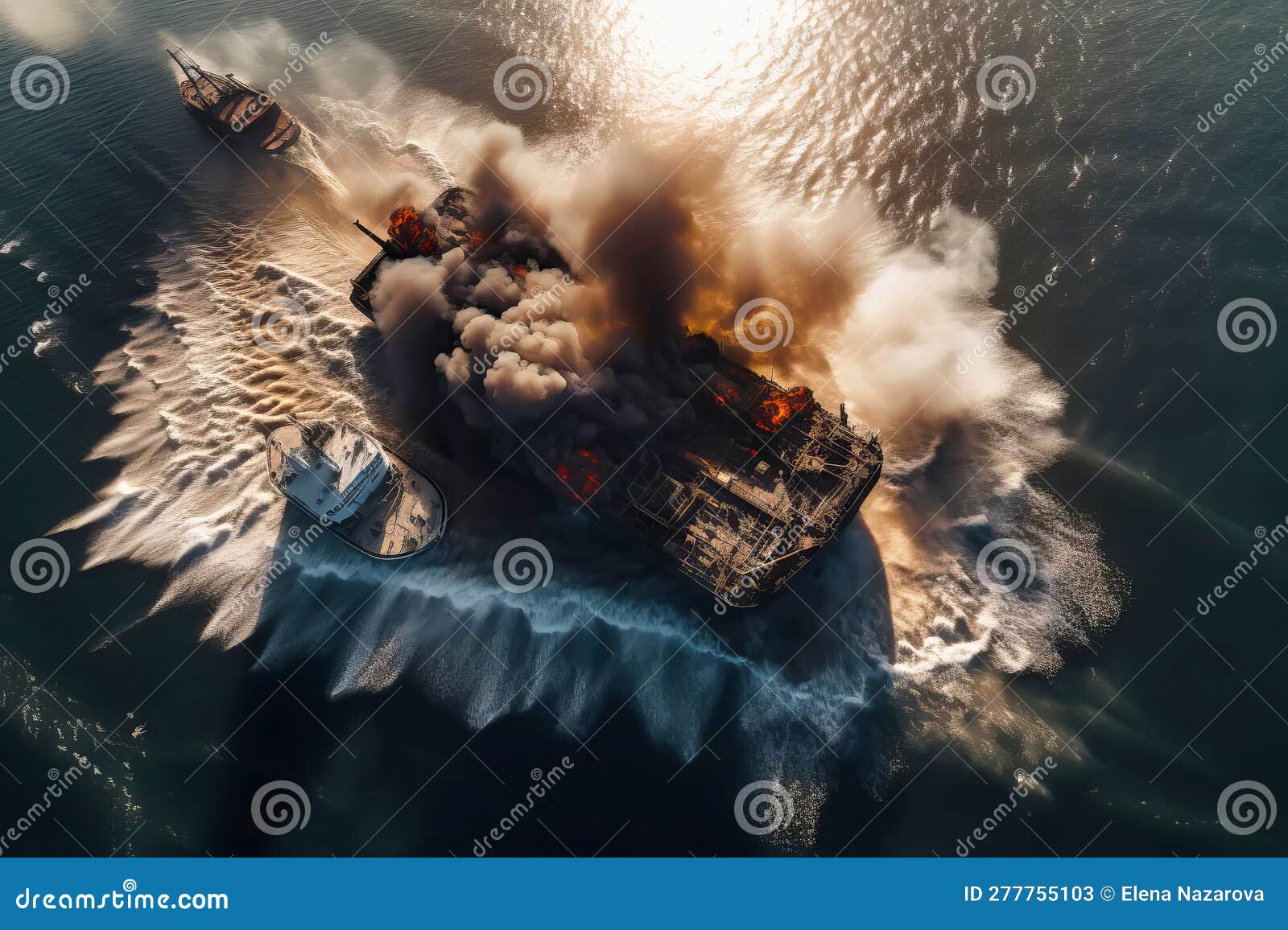 Aerial View of Cargo Tanker Ship Explosion with Fire and Smoke ...