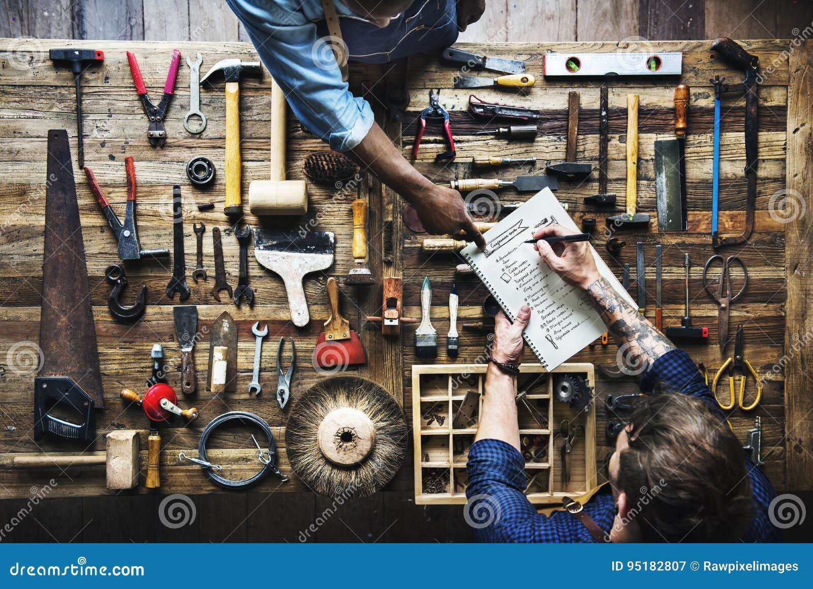 Aerial View of Carpenter Man Listing Checking Tools Equipment Stock ...