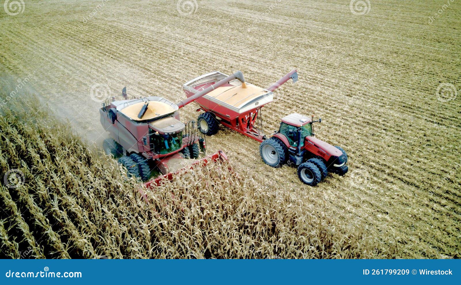 Aerial View of a Case IH Combine Unloading Field Corn into a Wagon ...