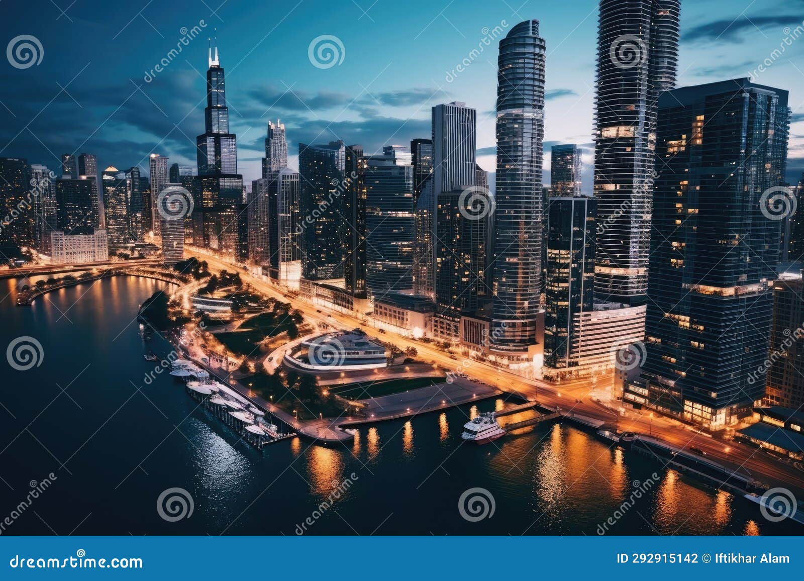 Aerial View Of Chicago Downtown Skyline At Night Illinois Usa