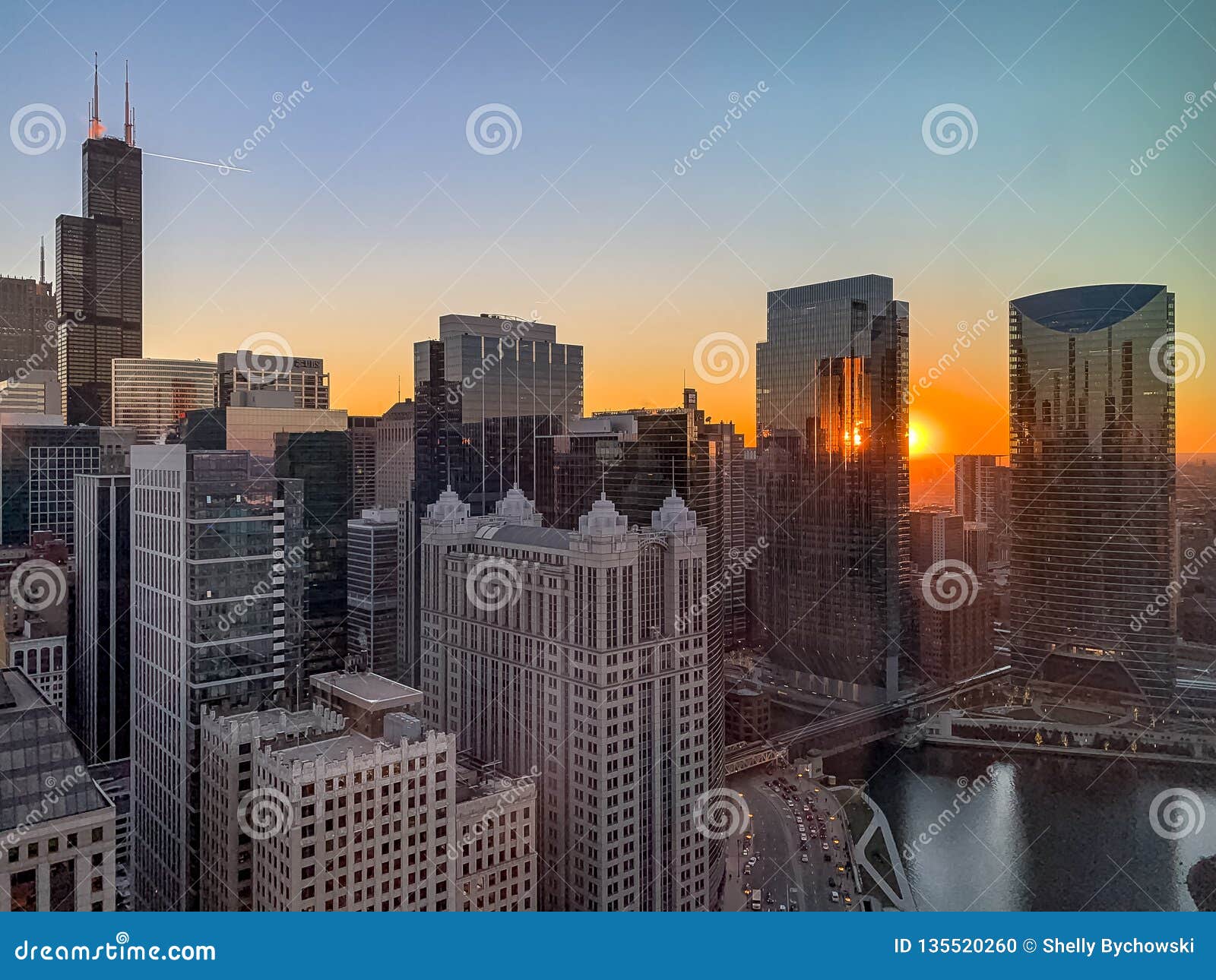 Aerial View of Chicago Loop and Chicago River during Sunset Stock Photo ...
