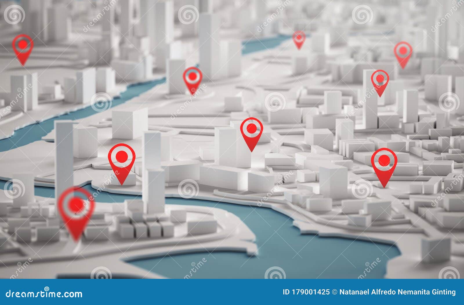 Aerial View of City Buildings 3D Rendering with Red Point Map Stock ...