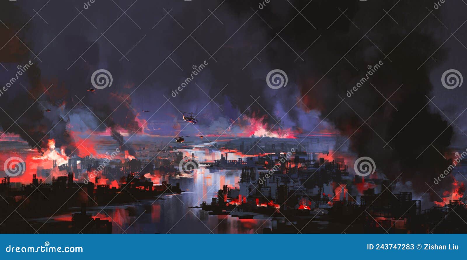 Aerial View of a City Destroyed by War, 3D Illustration Stock ...