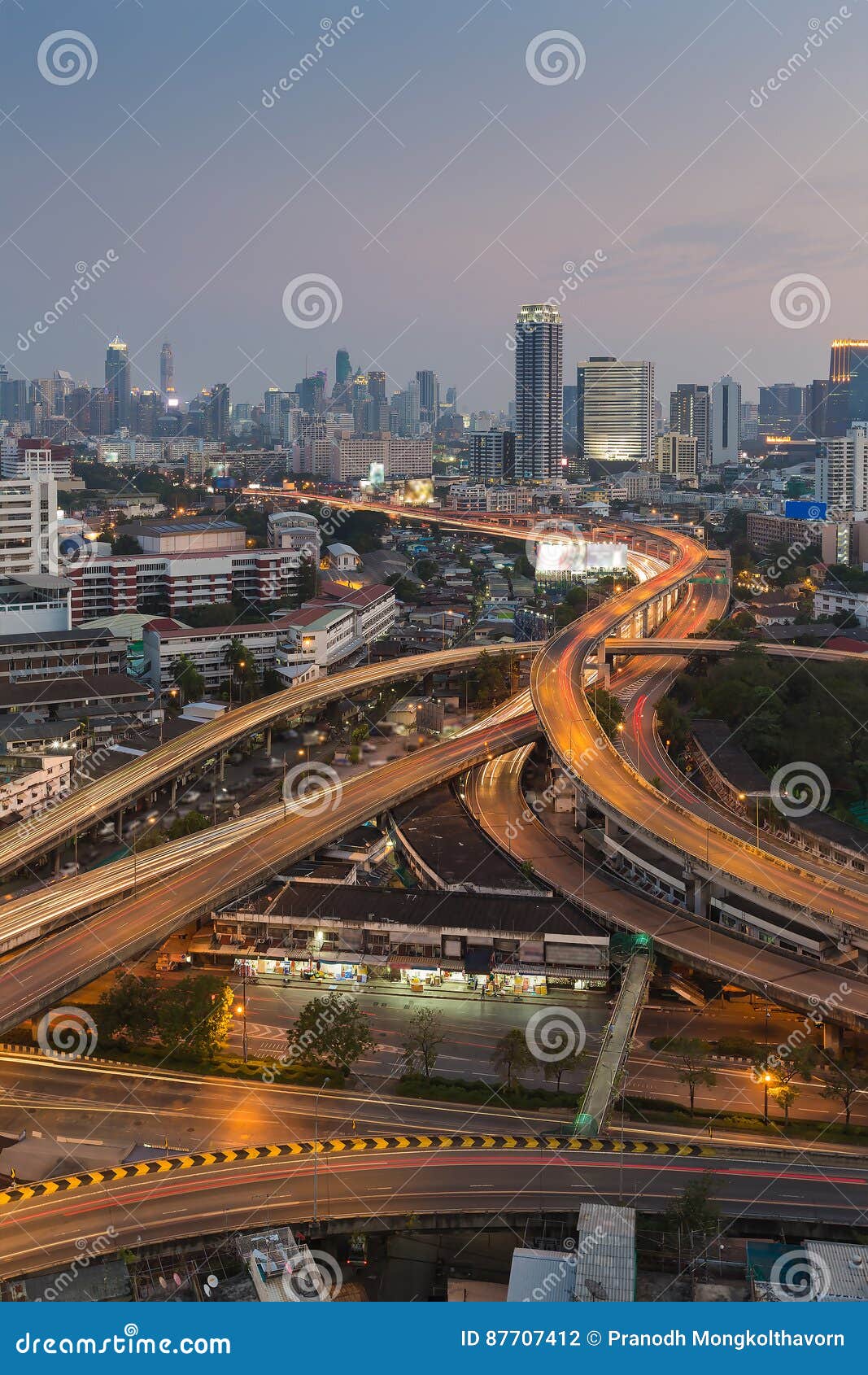 Aerial View, City Downtown Background and Highway Overpass Intersection ...