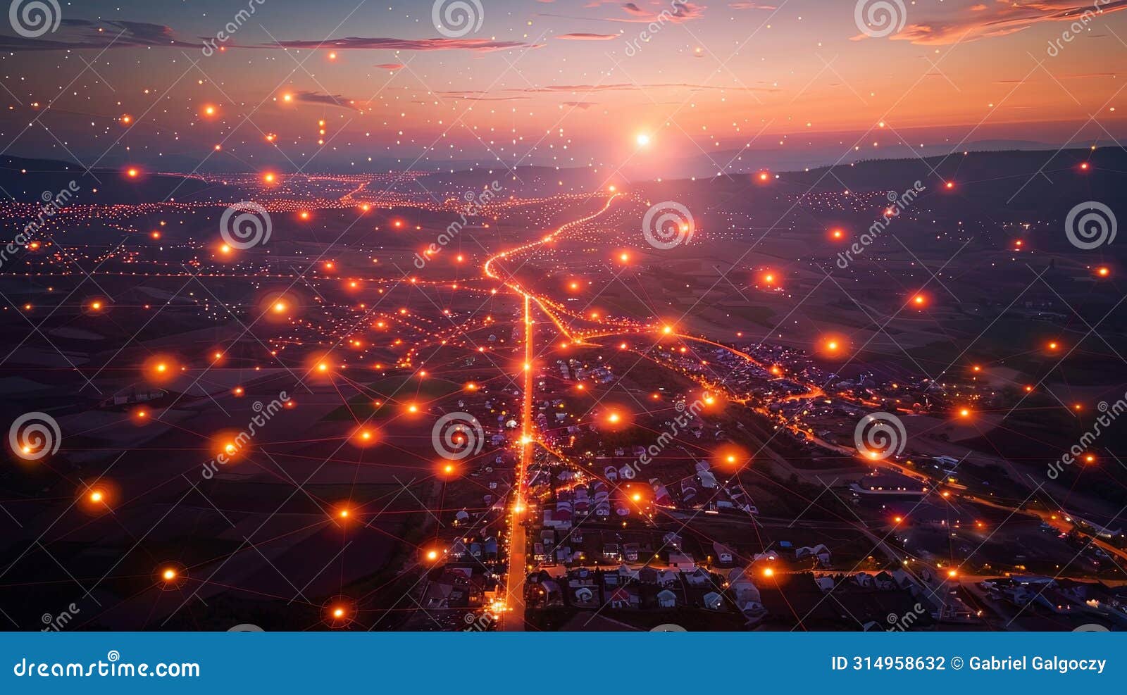 Aerial View of City Downtown with Digital Connectivity Light Data Grid ...