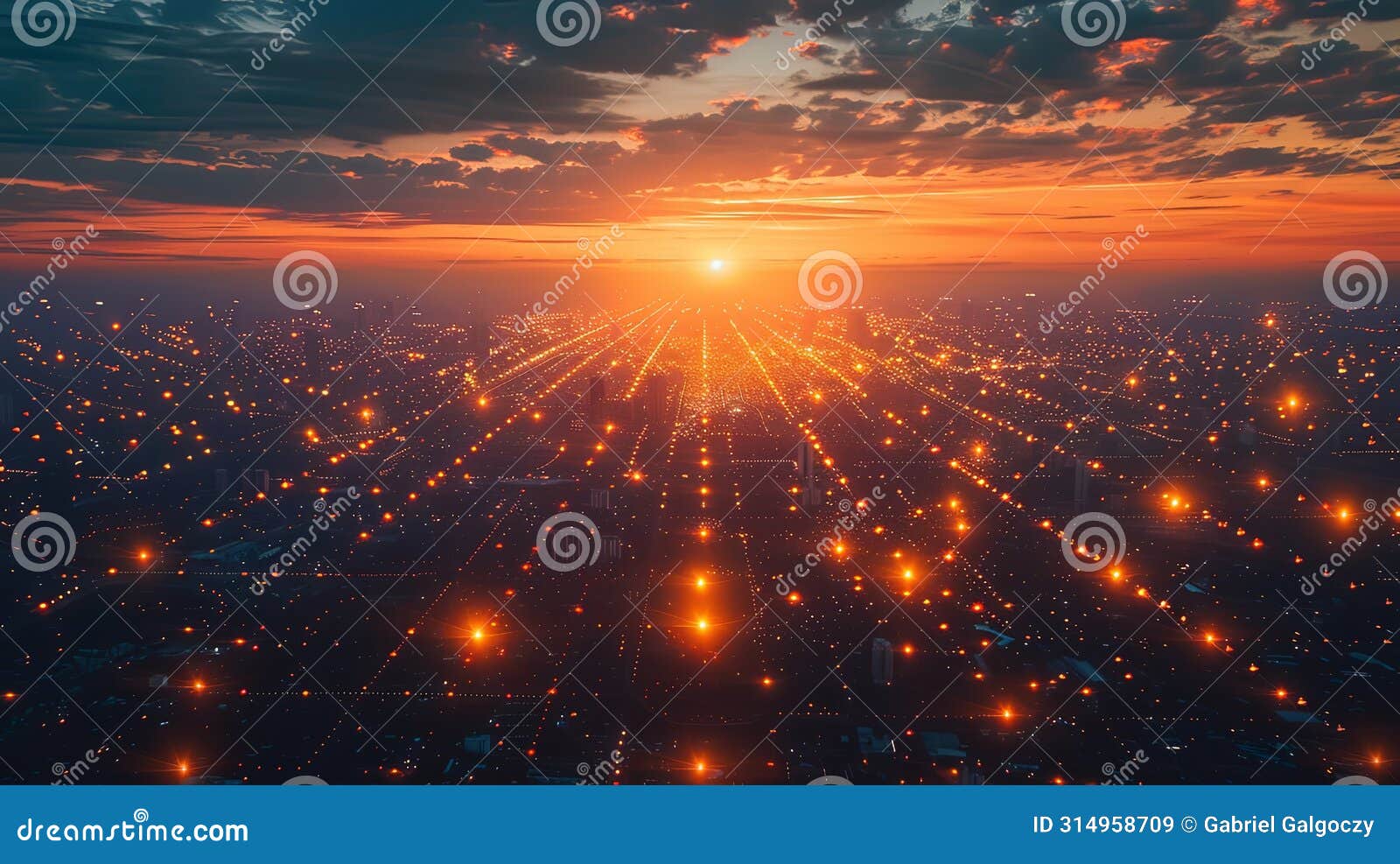 Aerial View of City Downtown with Digital Connectivity Light Data Grid ...