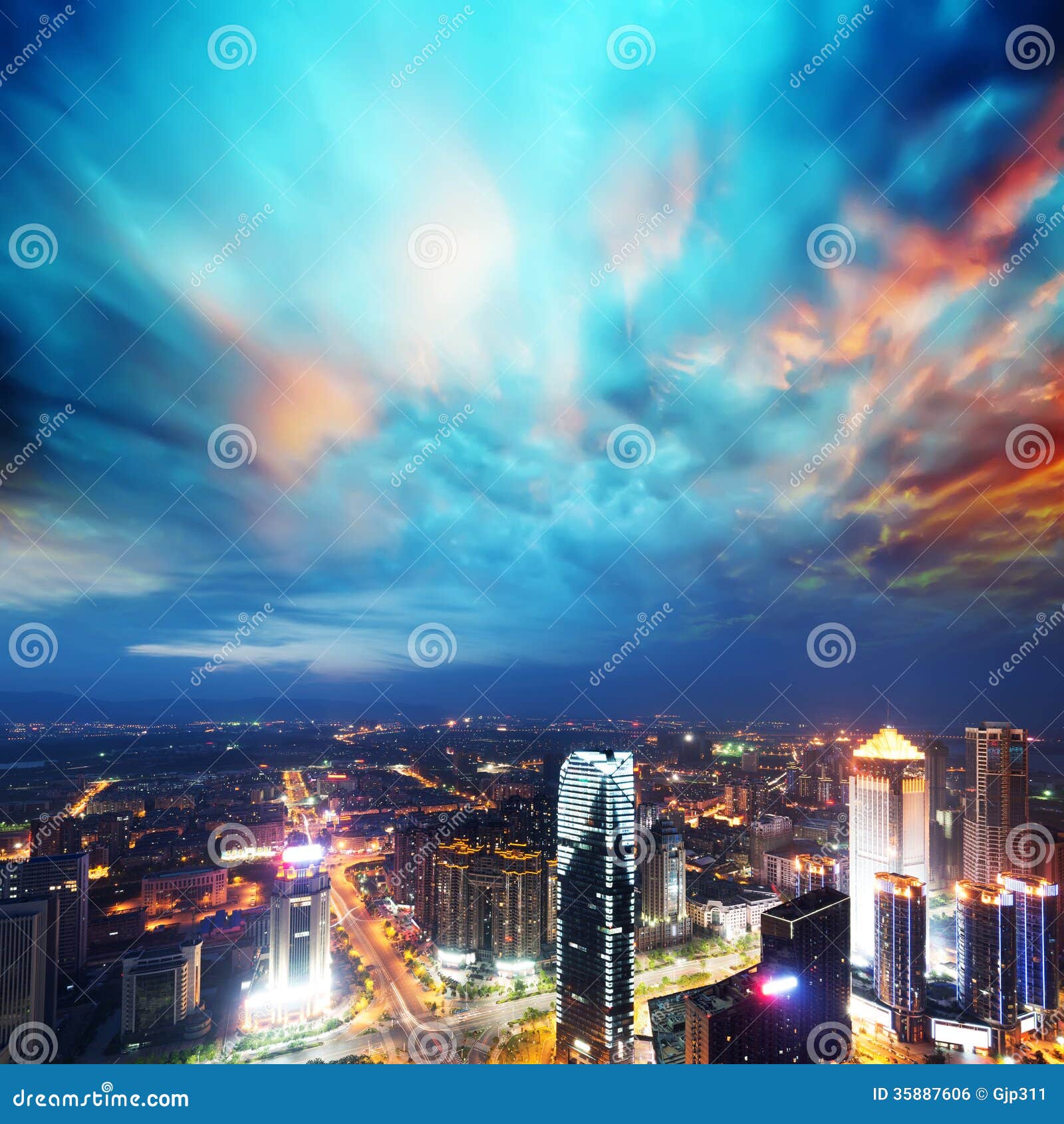Aerial View of City Night in China Stock Photo - Image of landmark ...