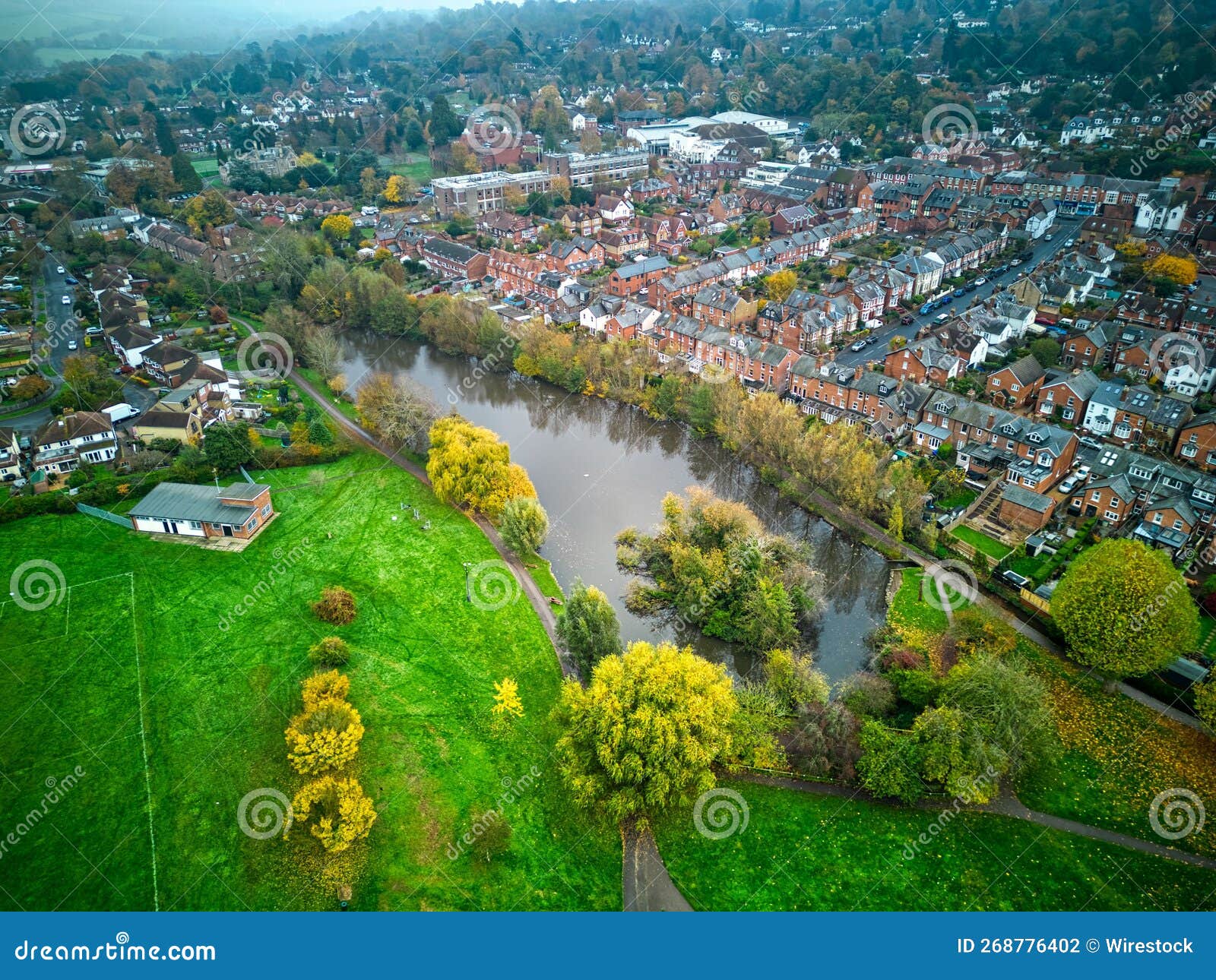 Aerial View of a City on a Riverbank Stock Photo - Image of gloomy ...