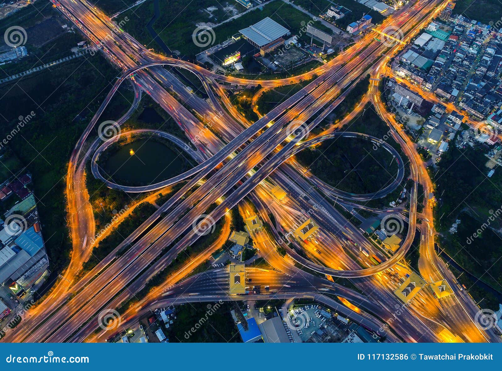Aerial View of Cityscape and Traffic on Highway at Night Stock ...