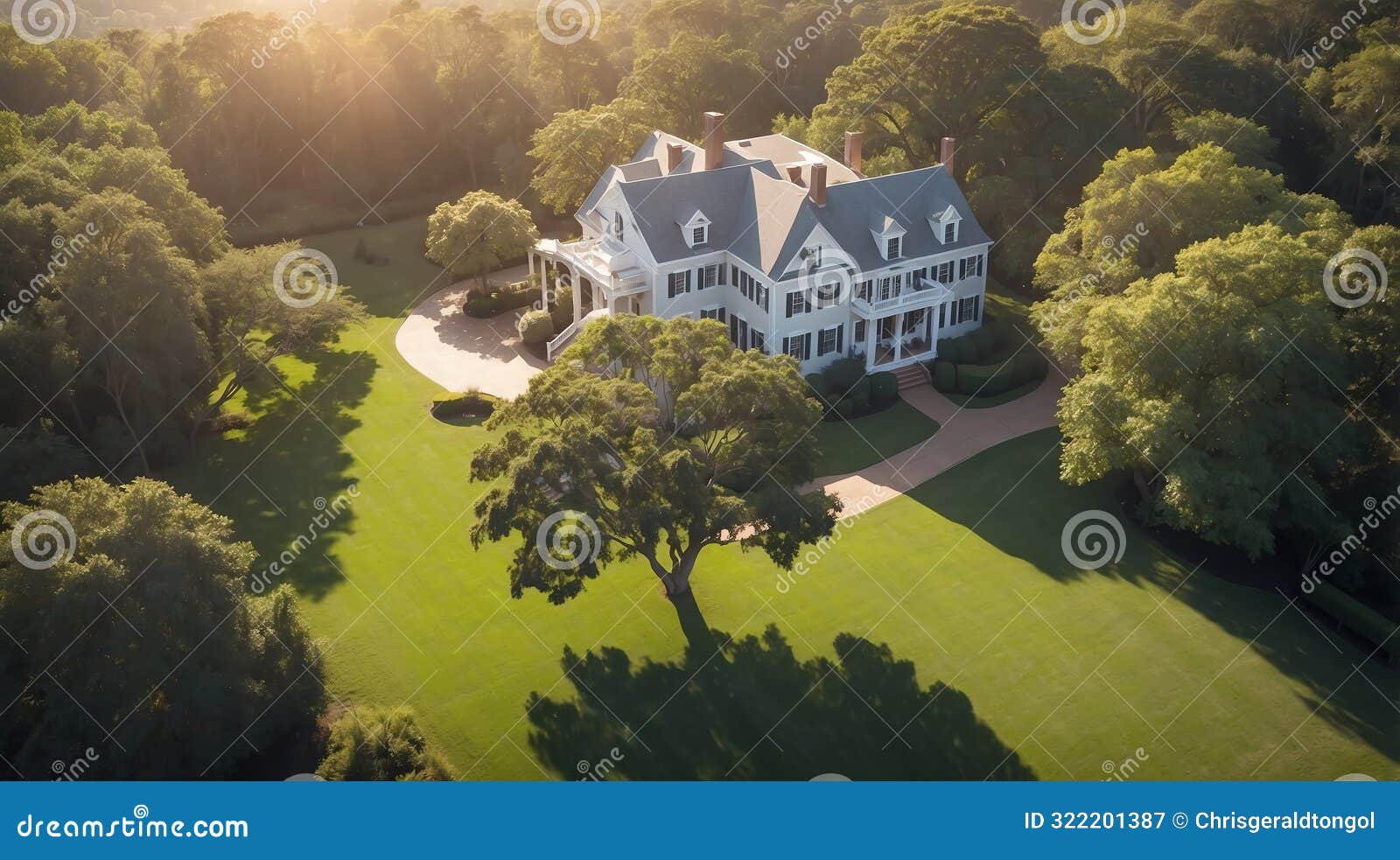 Aerial View of Colonial House with Dramatic Sun Lighting and a Ai ...