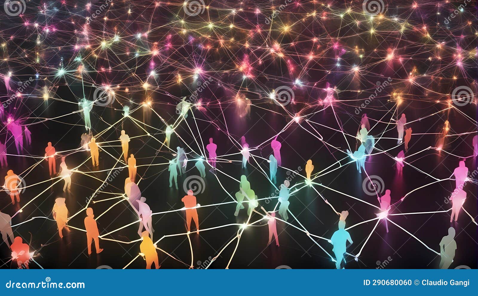 Aerial View of a Colorful Crowd with a Network of Glow Connections ...