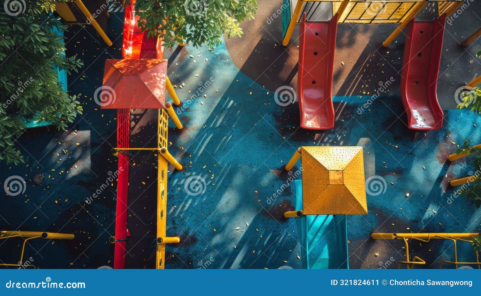 An Aerial View of a Colorful Playground with Slides and Climbing ...