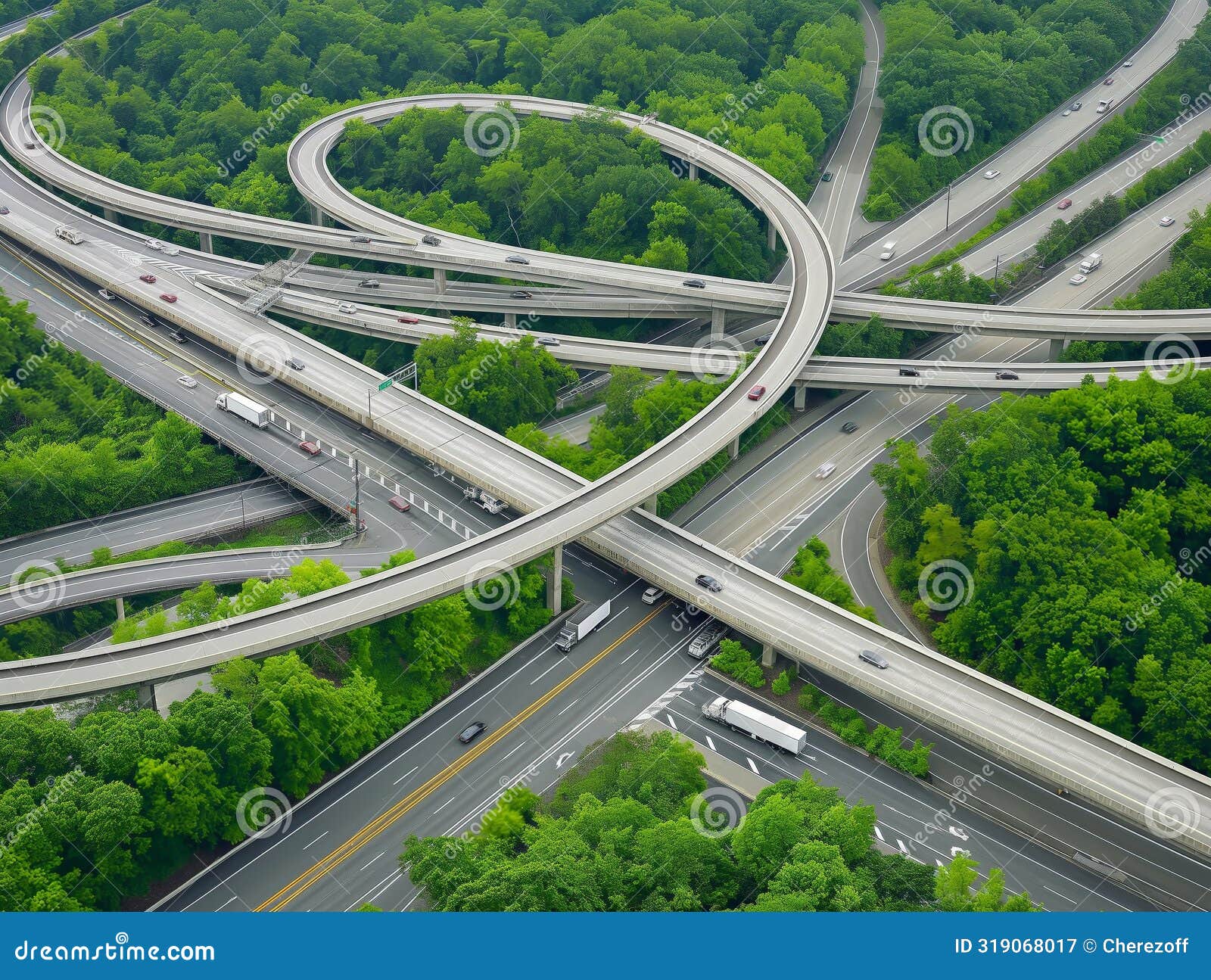 Aerial View of Complex Highway Interchange Surrounded by Lush Greenery ...