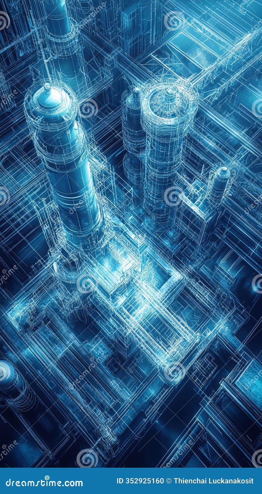 Aerial View of Complex Industrial Structures in Blueprint Style Stock ...
