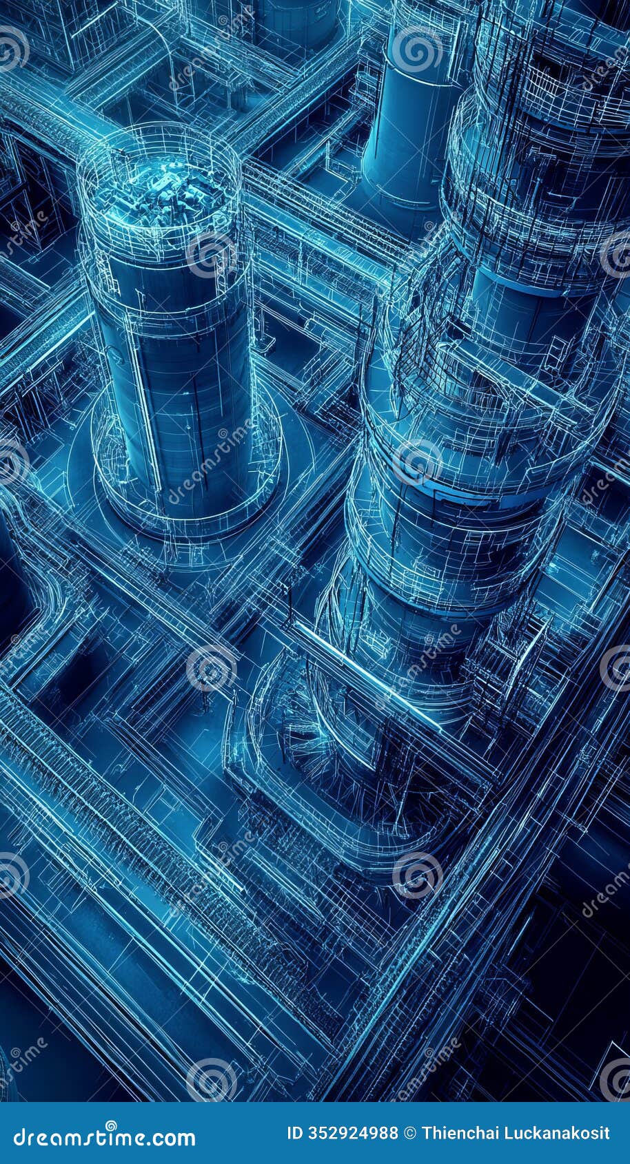 Aerial View of Complex Industrial Structures in Blueprint Style Stock ...