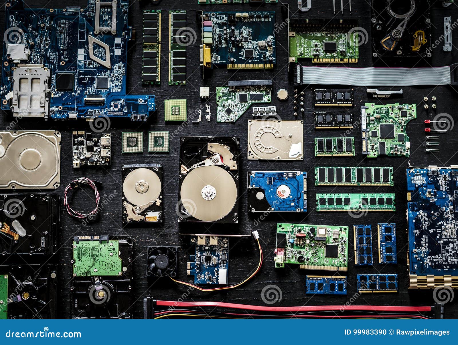 Aerial View of Computer Electronics Componets Parts Flatlay ...