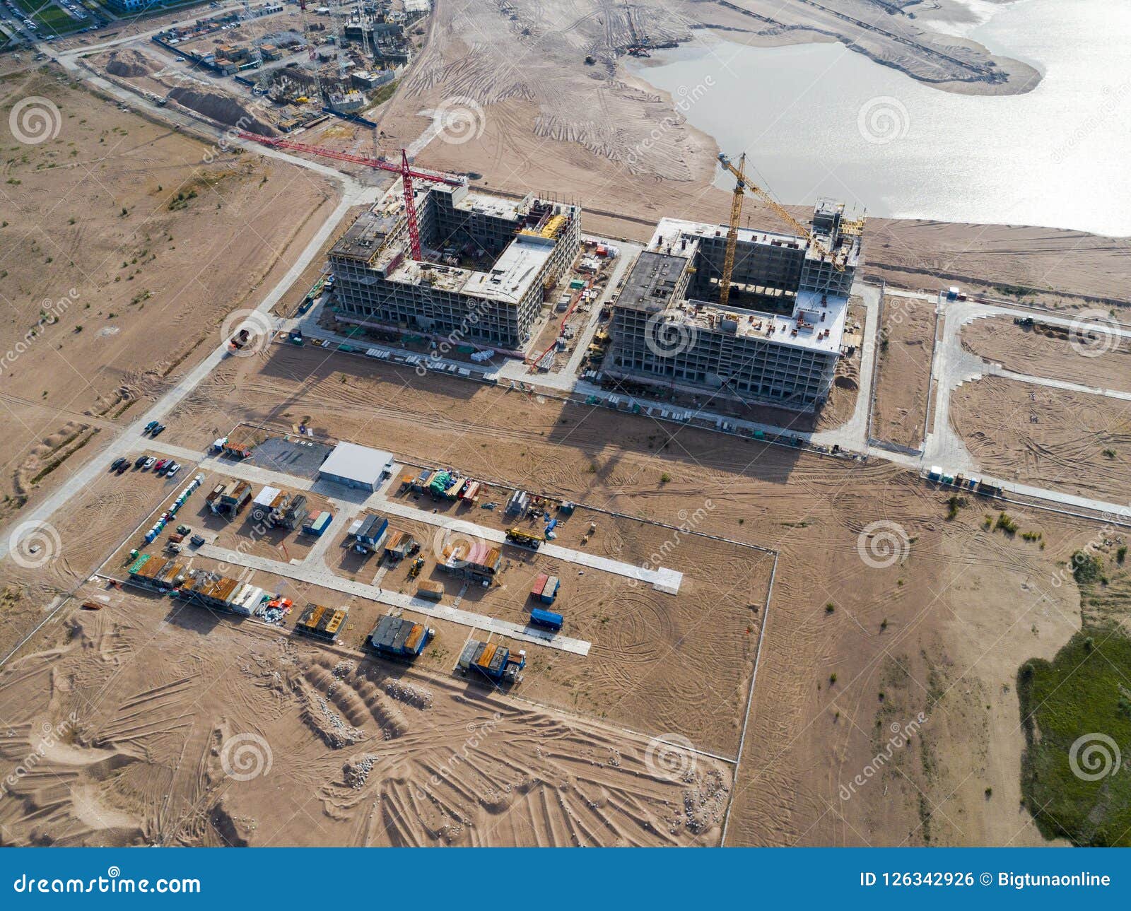 Aerial View of a Construction Crane Tower. Top View Crane and Building ...
