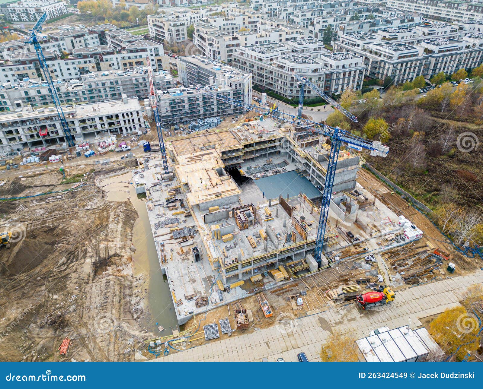 Aerial View of Construction Site with Crane and Building. Top View of Big Development ...