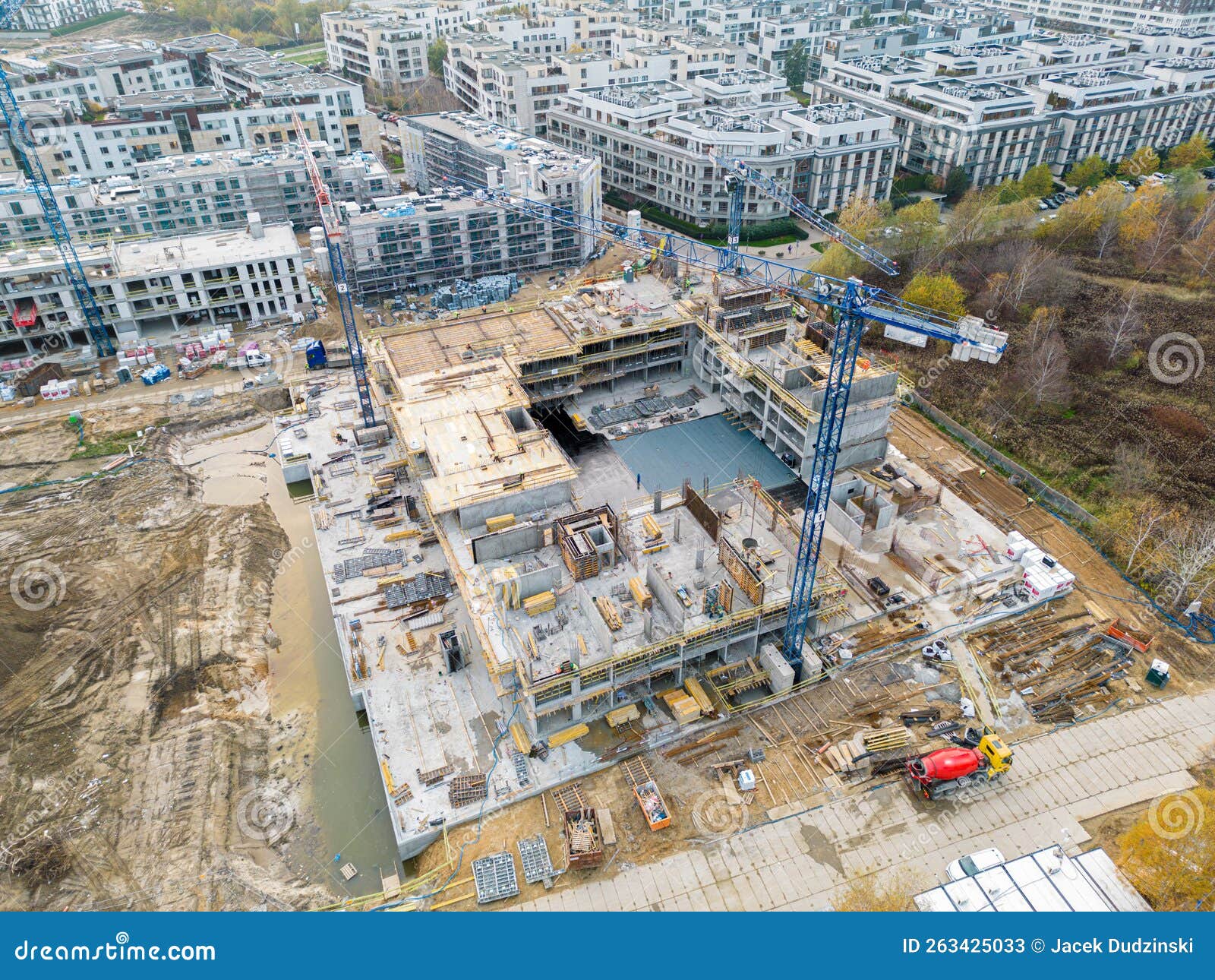 Aerial View of Construction Site with Crane and Building. Top View of ...