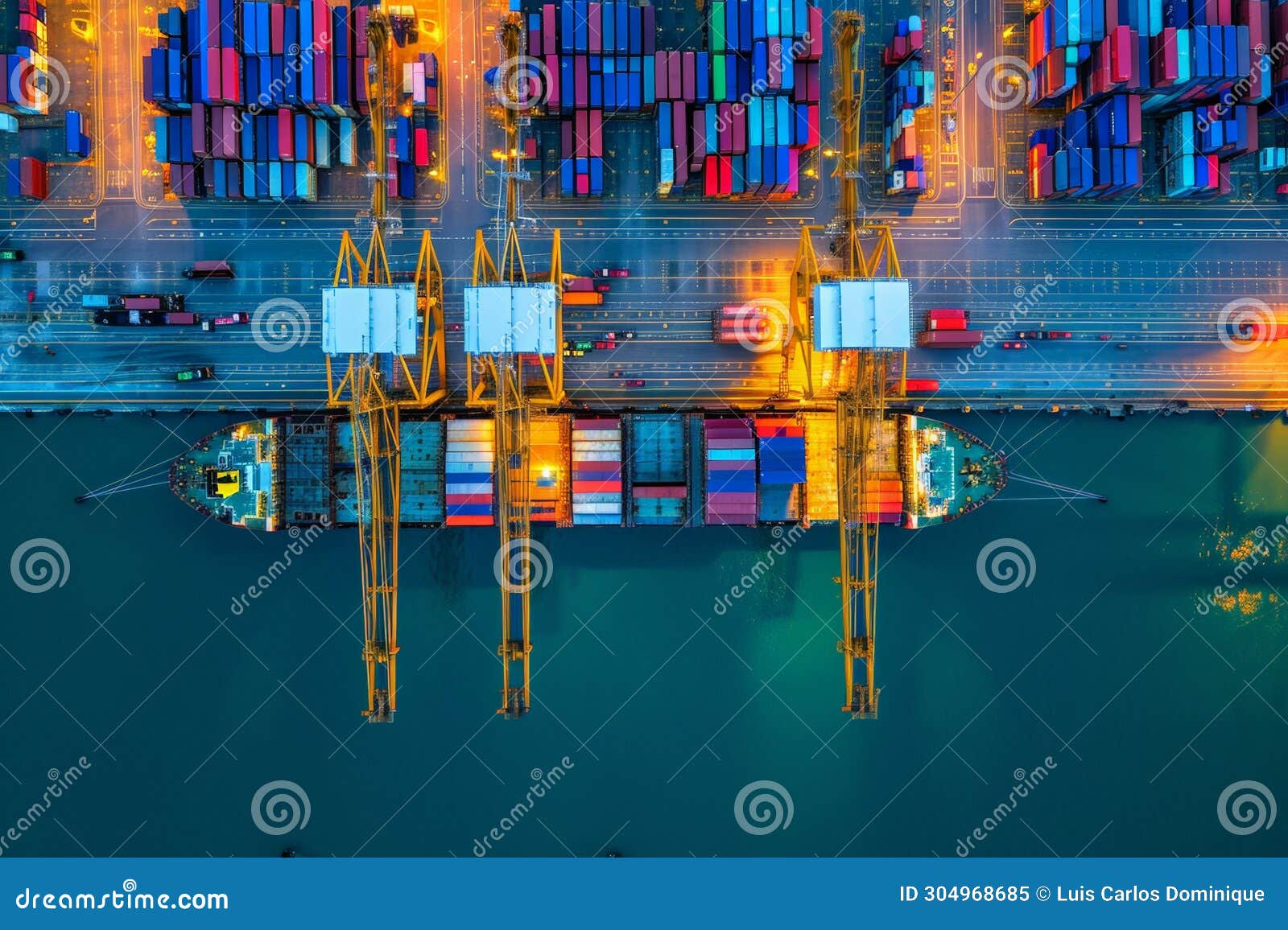 Aerial View of Container Cargo Freight Ship with Working Crane Bridge ...