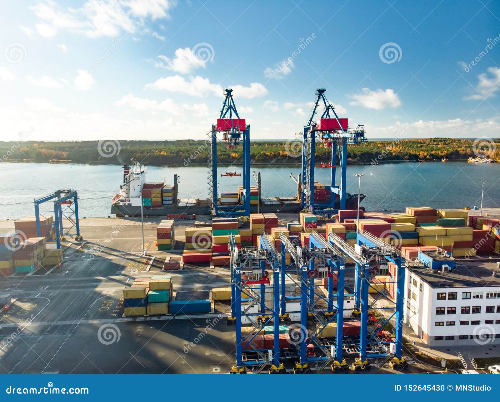 Aerial View of Container Terminal Pier during the Containership Loading ...