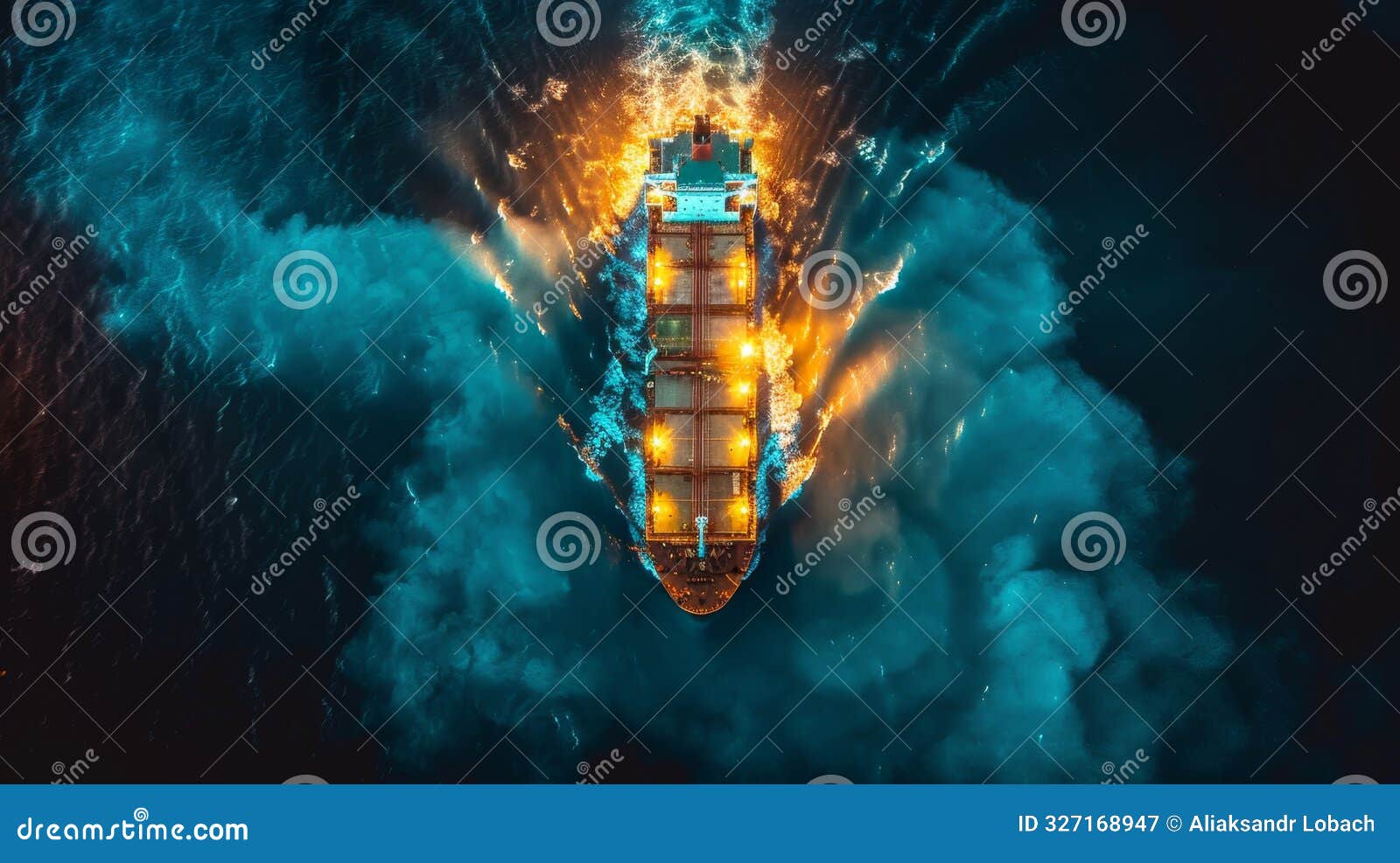An Aerial View of a Containerized Cargo Ship at Night with Lights ...