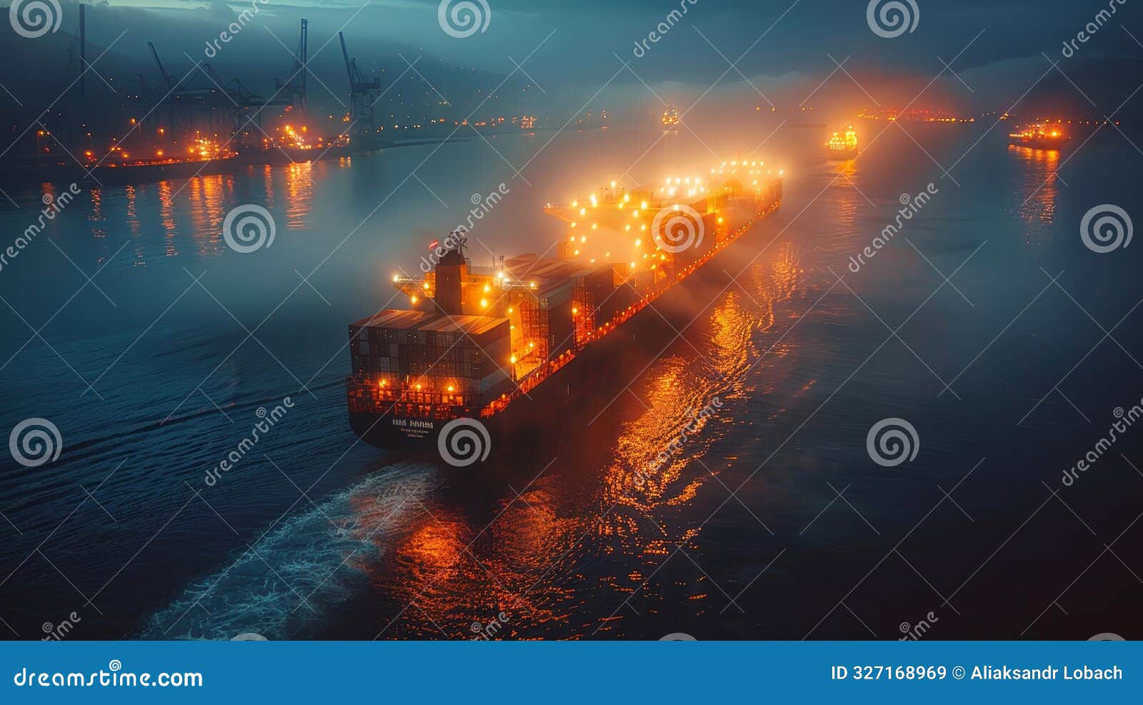 An Aerial View of a Containerized Cargo Ship at Night with Lights ...