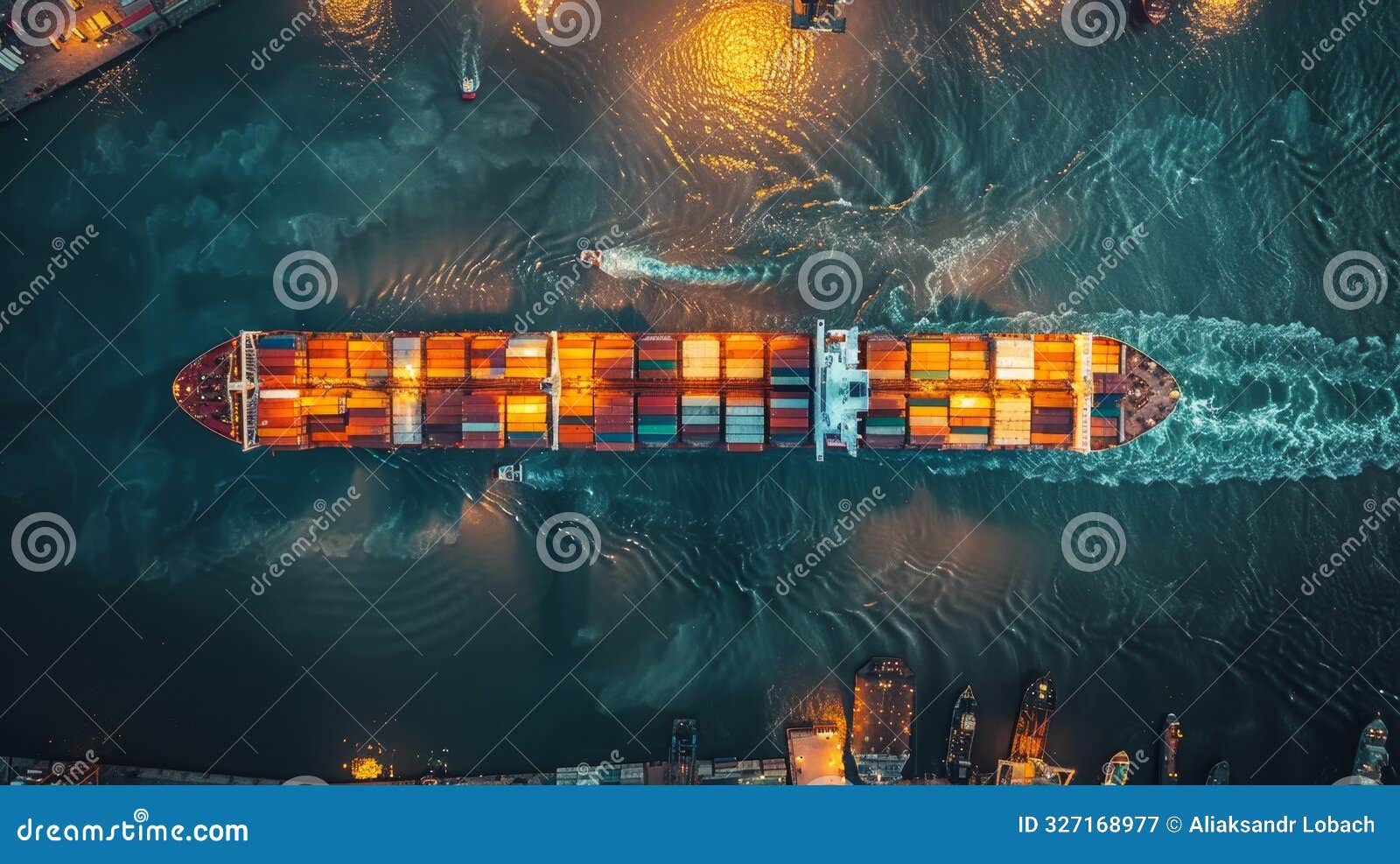 An Aerial View of a Containerized Cargo Ship at Night with Lights ...