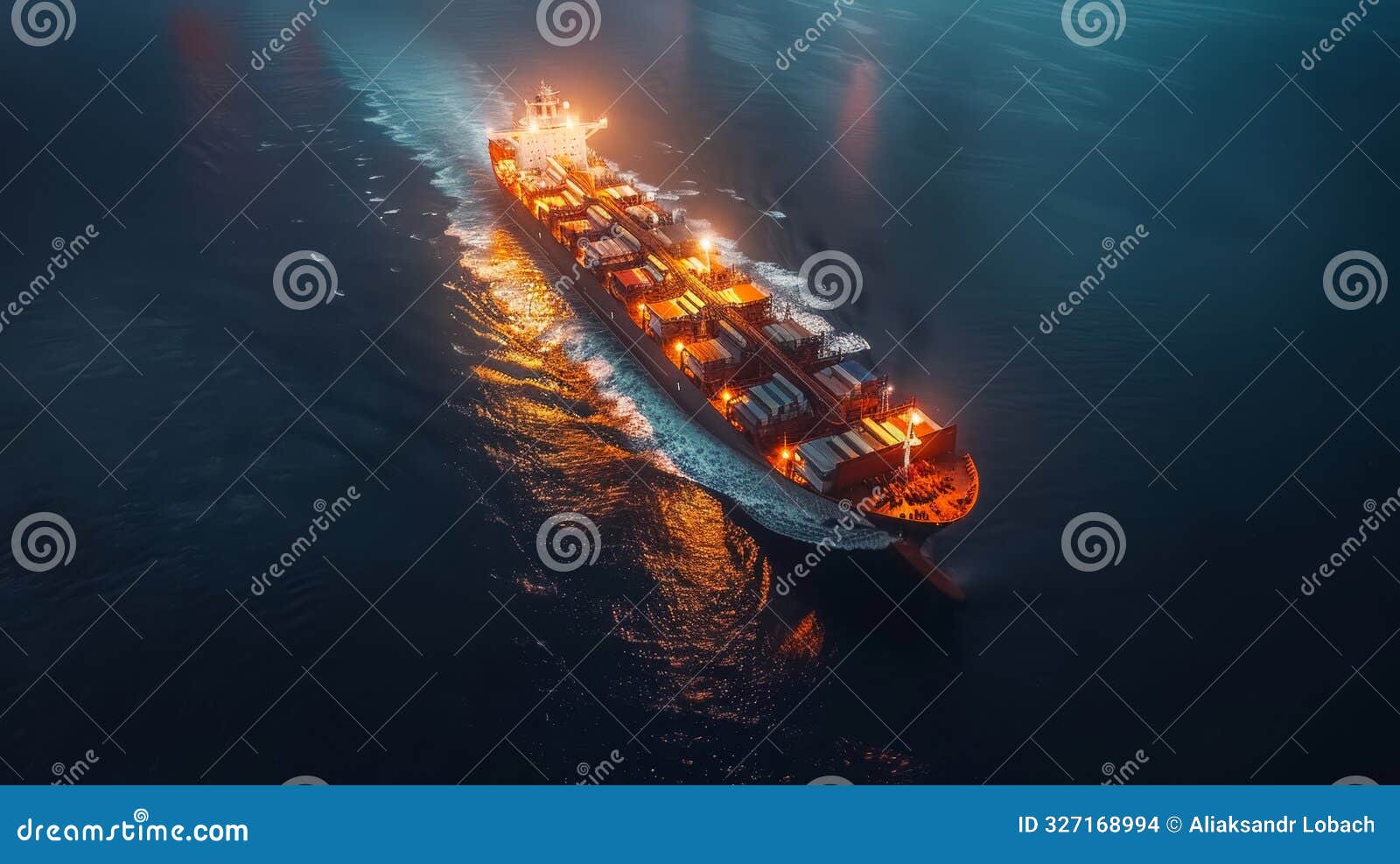 An Aerial View of a Containerized Cargo Ship at Night with Lights ...