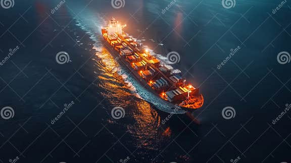 An Aerial View of a Containerized Cargo Ship at Night with Lights ...
