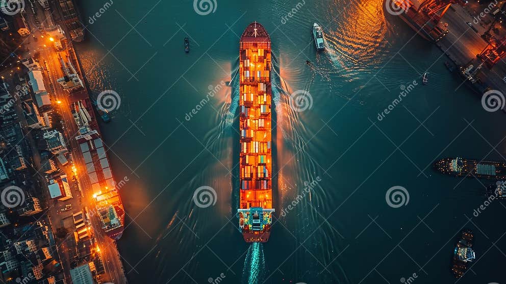An Aerial View of a Containerized Cargo Ship at Night with Lights ...