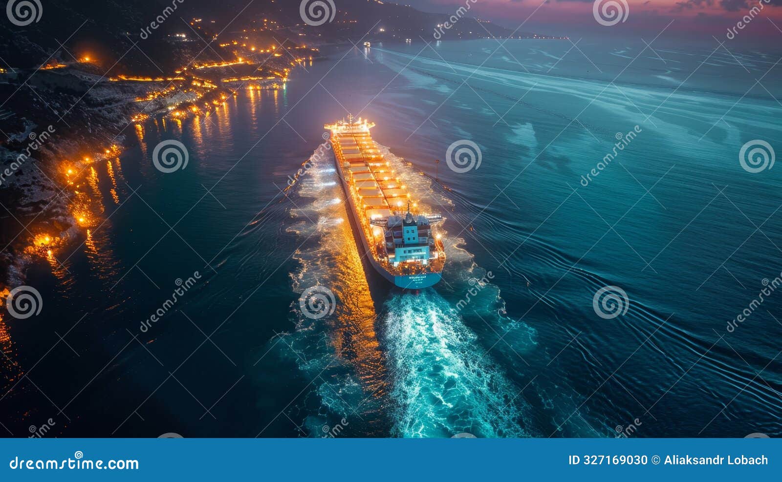 An Aerial View of a Containerized Cargo Ship at Night with Lights ...