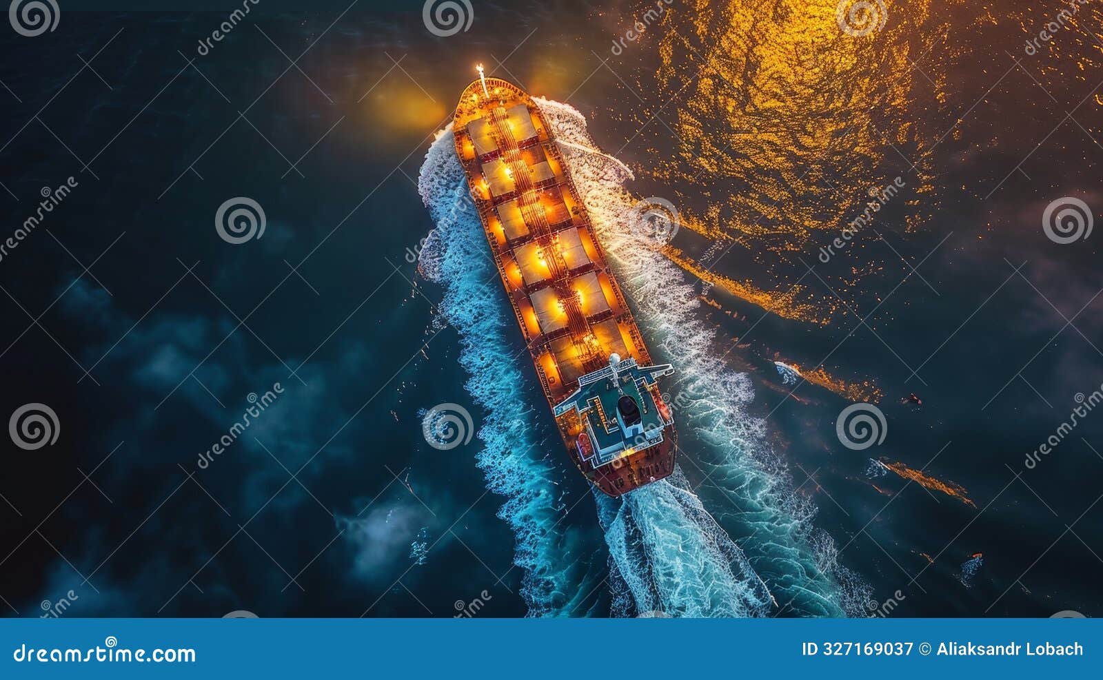 An Aerial View of a Containerized Cargo Ship at Night with Lights ...