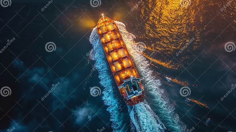 An Aerial View of a Containerized Cargo Ship at Night with Lights ...