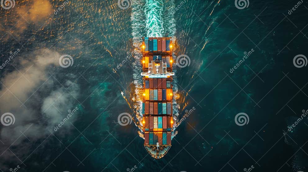 An Aerial View of a Containerized Cargo Ship at Night with Lights ...